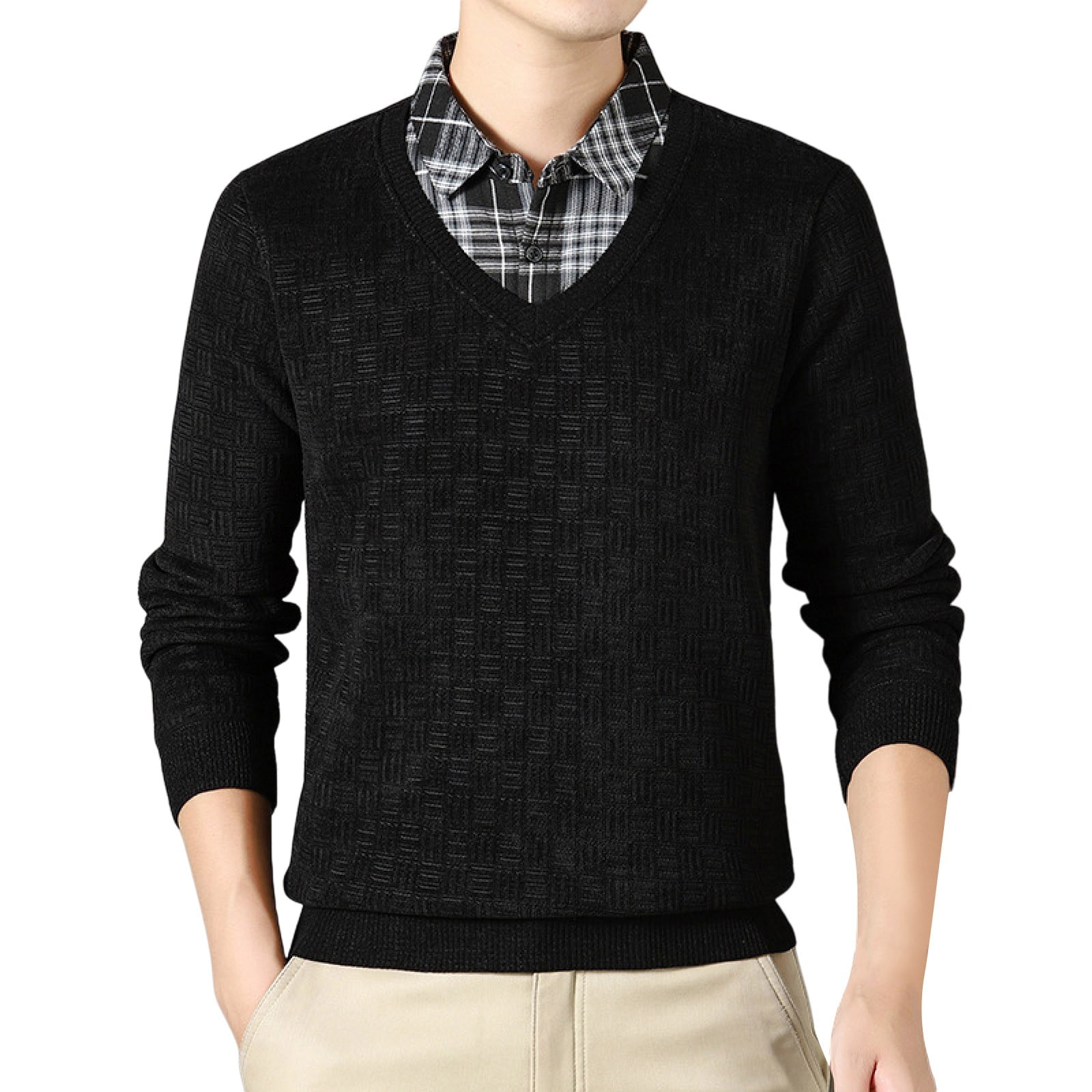 ASFGIMUJ Mens Autumn And Winter Mahjong Grid Plus Thickened Two Long ...