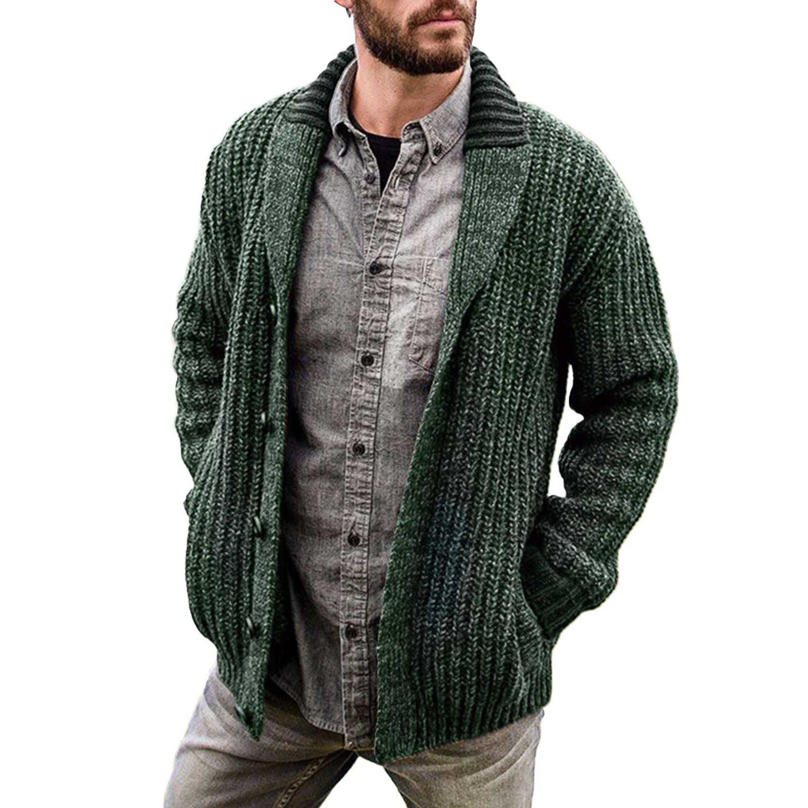 ASFGIMUJ Mens Cable Knit Cardigan Sweater Shawl Collar Loose Fit Long ...
