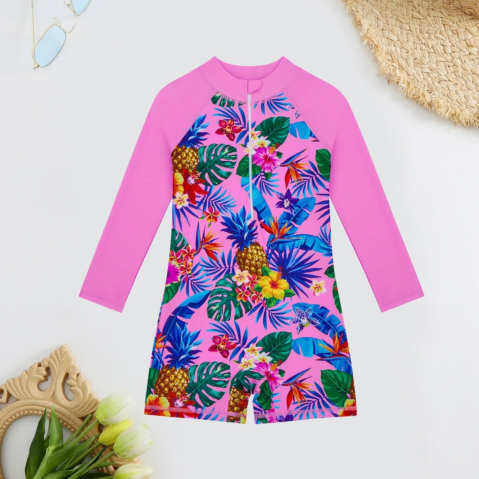 ASFGIMUJ Swimsuits For Girls Teens 1 Piece Leaf Printed Long Sleeve ...