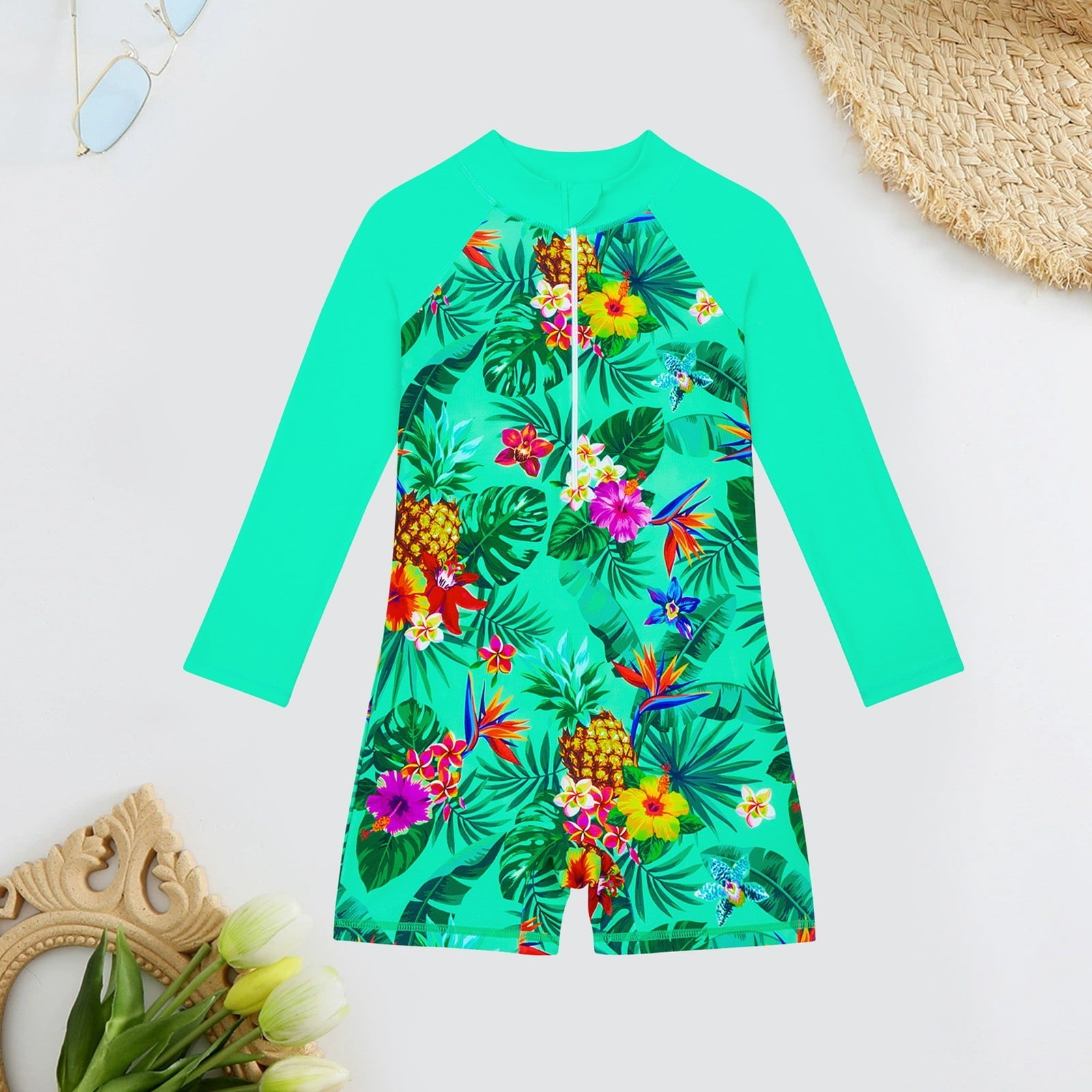 ASFGIMUJ Toddler Swimsuit Girl 1 Piece Leaf Printed Long Sleeve ...