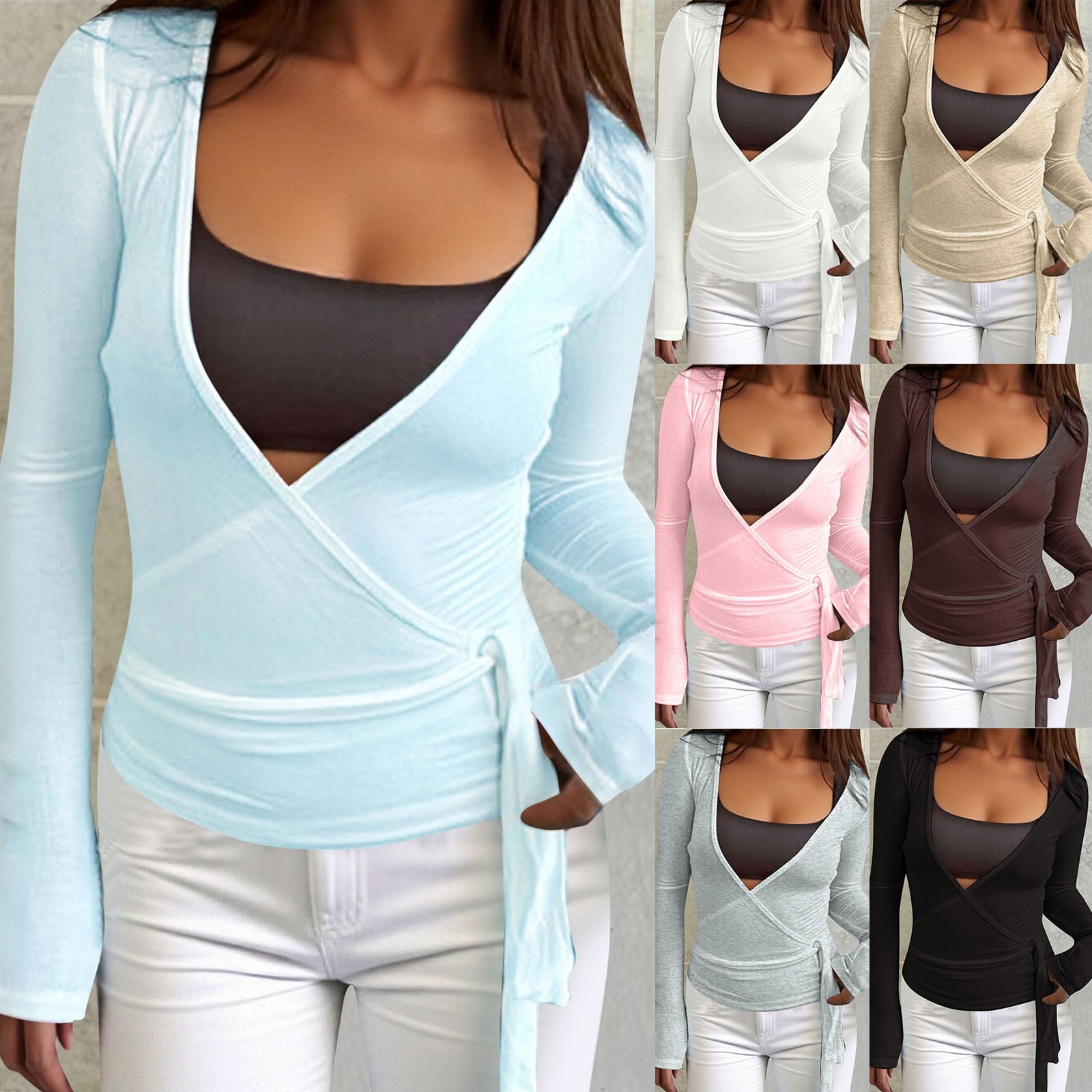 ASFGIMUJ Women Wrap Tie Top Y2k Long SLeeve Ballet Workout Yoga Shirt ...