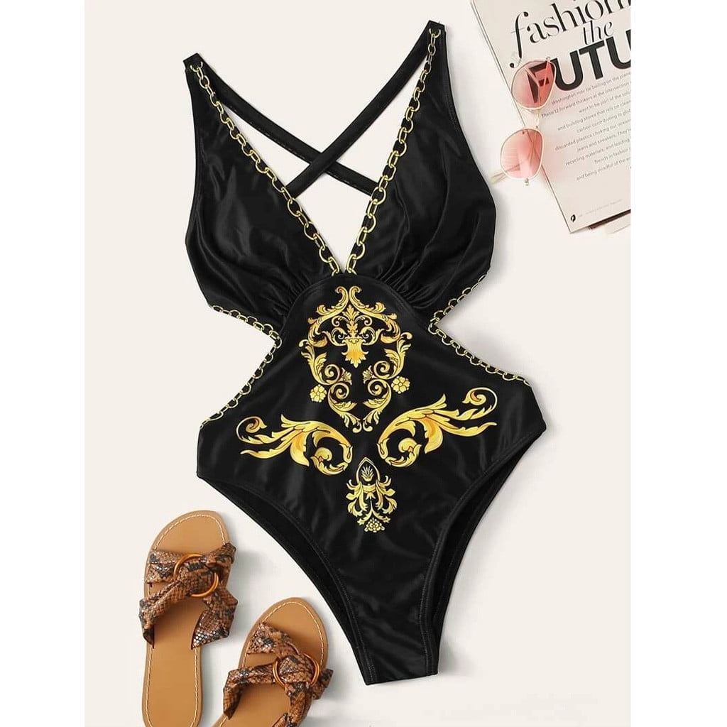 ASFGIMUJ Women's Baroque Print Criss Cross Monokini Swimsuit Swimwear ...