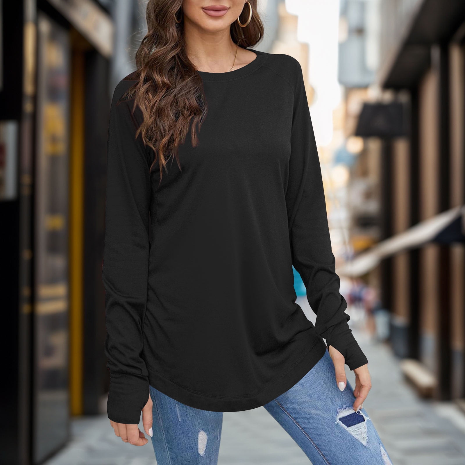 ASFGIMUJ Women's Long Sleeve Round Neck Solid Color Top Thumbhole Tunic ...