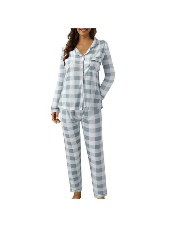 2 Piece Womens Pajama Sets - Daisy plaid blue Soft Sleepwear Comfy ...