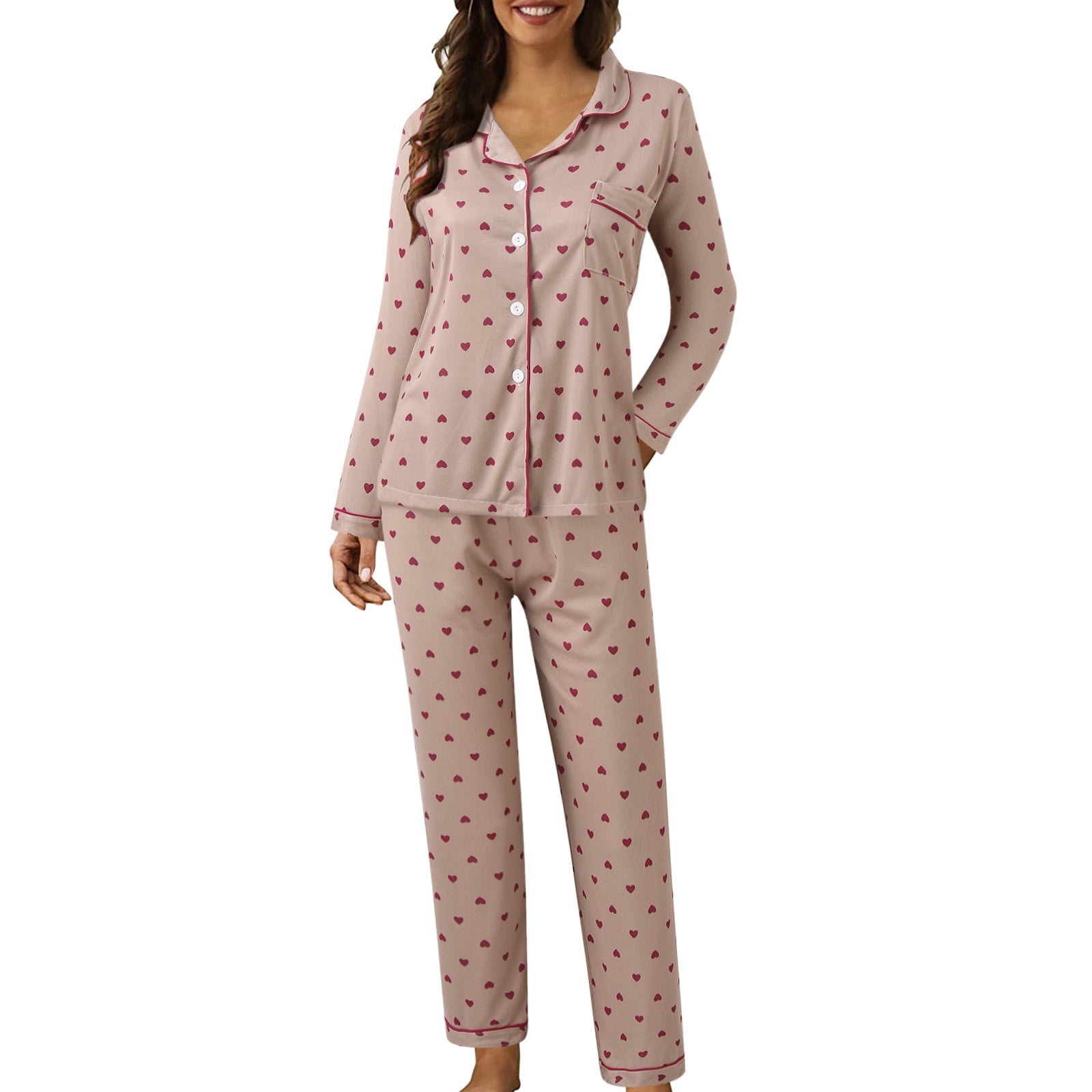 ASFGIMUJ Womens Pajama Sets Casual Lapel Button Plaid Print Two Piece ...