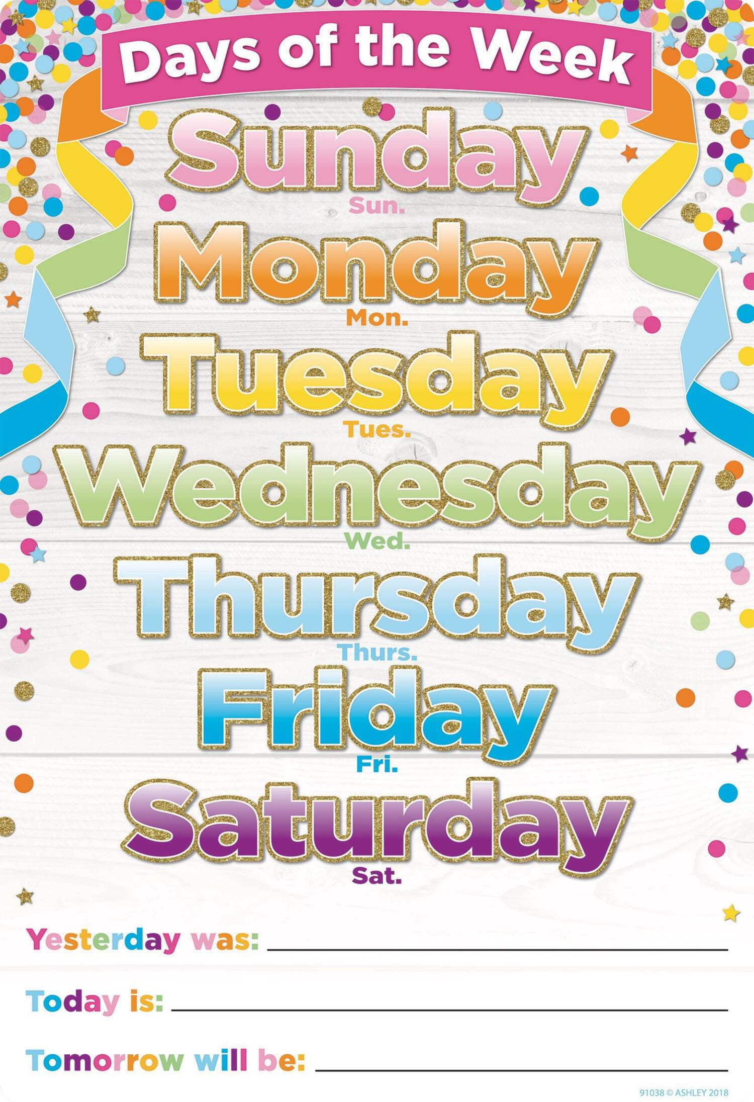 Ashley Smart Poly Days of the Week Confetti Chart, 13" X 19" (ASH91038 ...