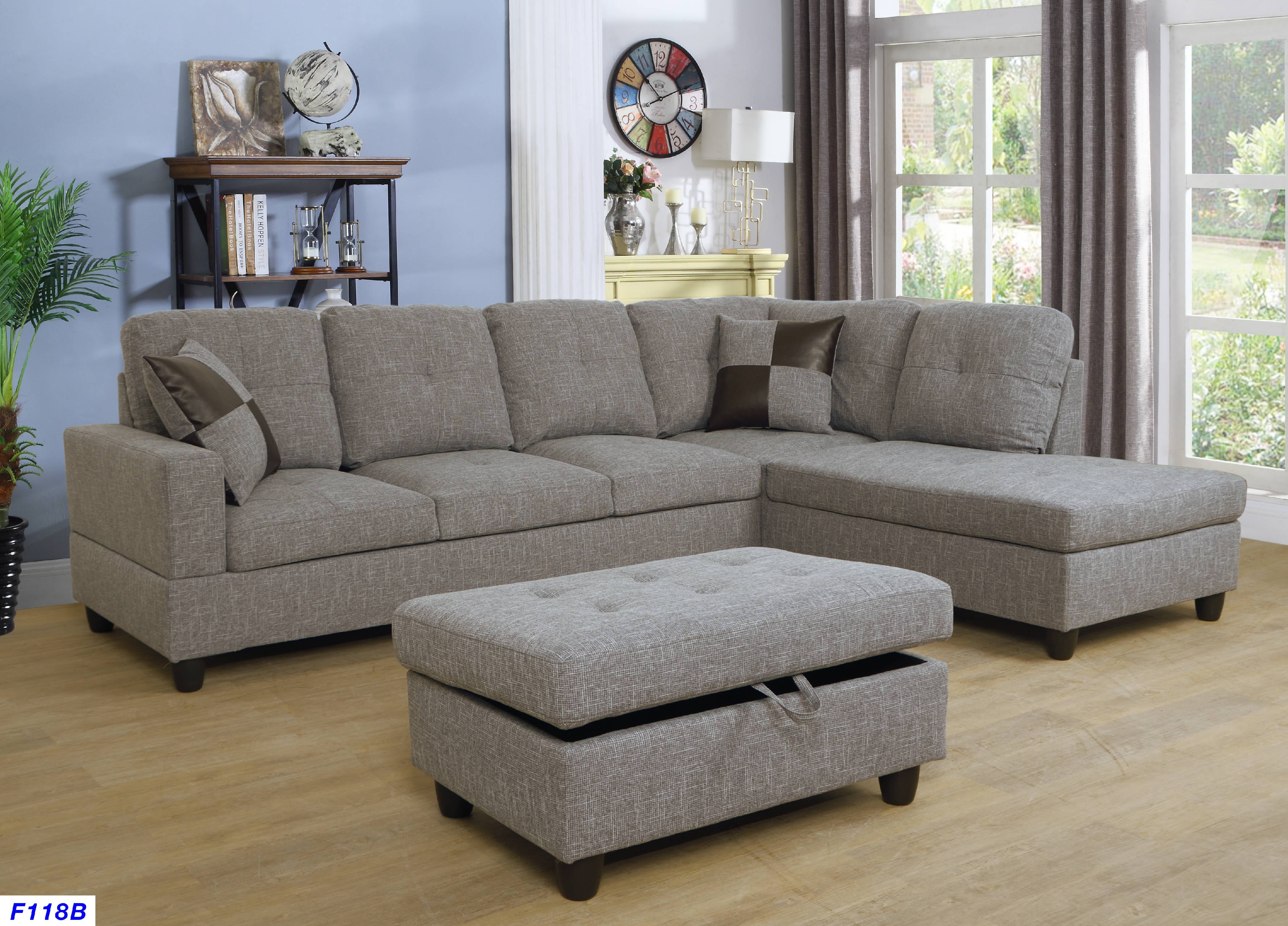 ASHEY Modern L Shape Sectional Sofa Set w/ Ottoman, Right Chaise, Brown ...