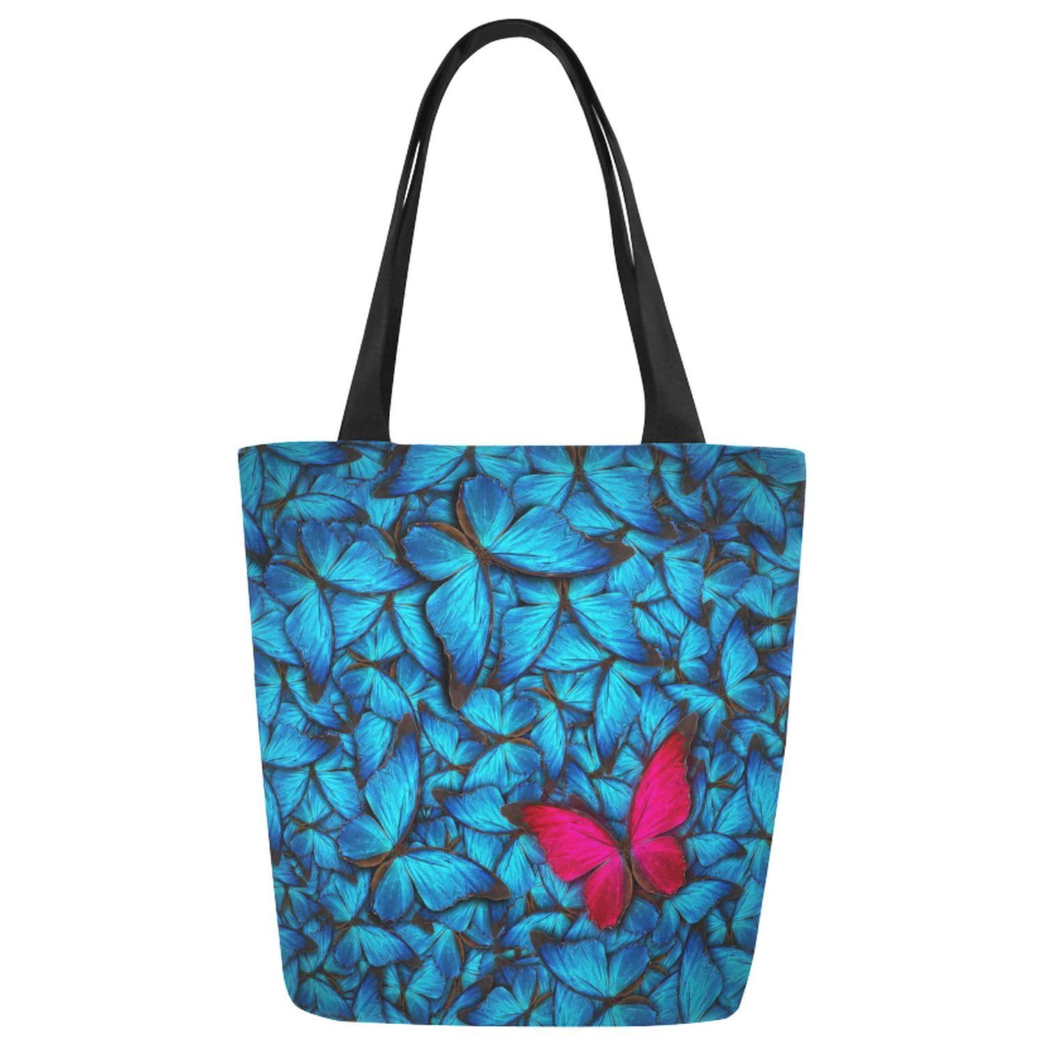 ASHLEIGH Blue & Red Butterflies Canvas Tote Bag Shoulder Handbag ...