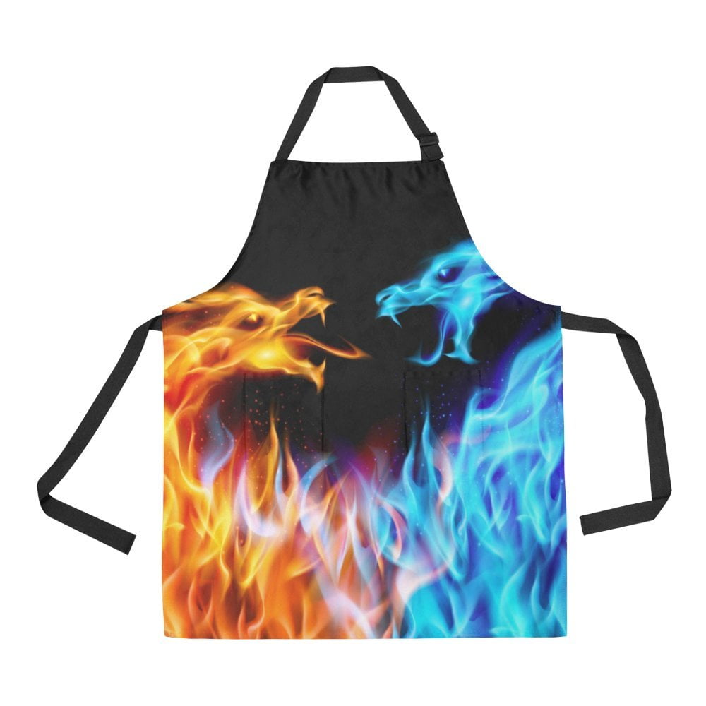 ASHLEIGH Blue Red Fiery Dragons Apron BBQ Aprons Kitchen Aprons With ...