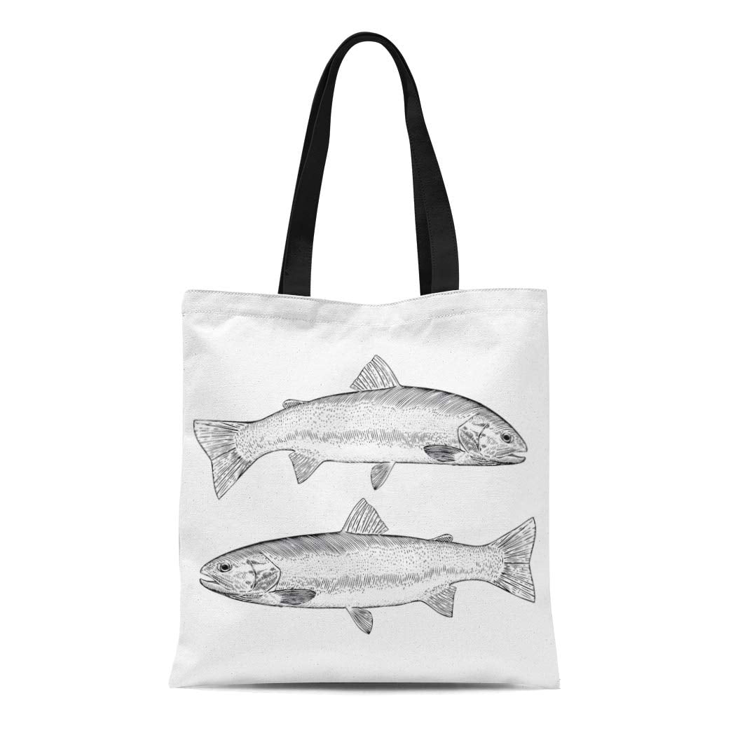 ASHLEIGH Canvas Bag Resuable Tote Grocery Shopping Bags Etching Trout ...