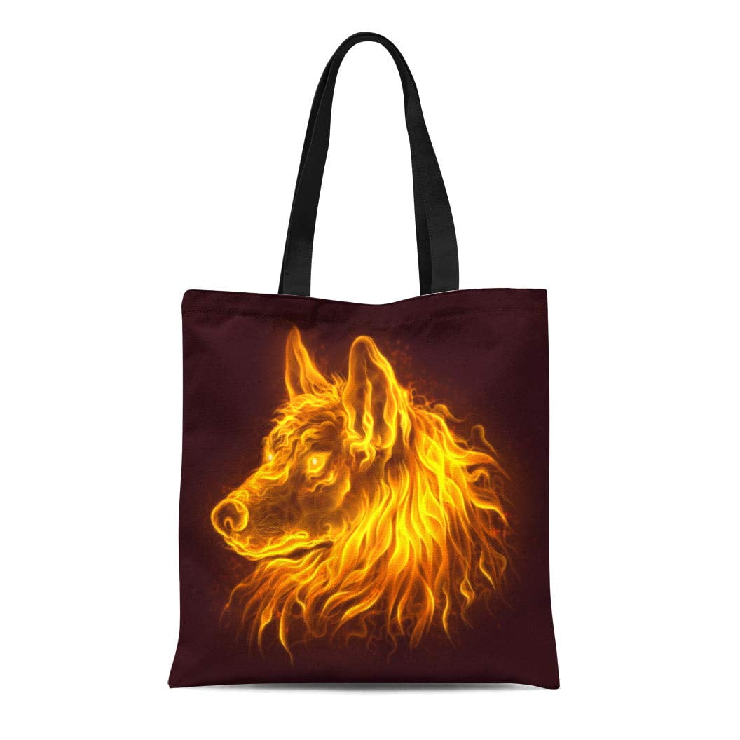 ASHLEIGH Canvas Bag Resuable Tote Grocery Shopping Bags Fire Wolf Head ...