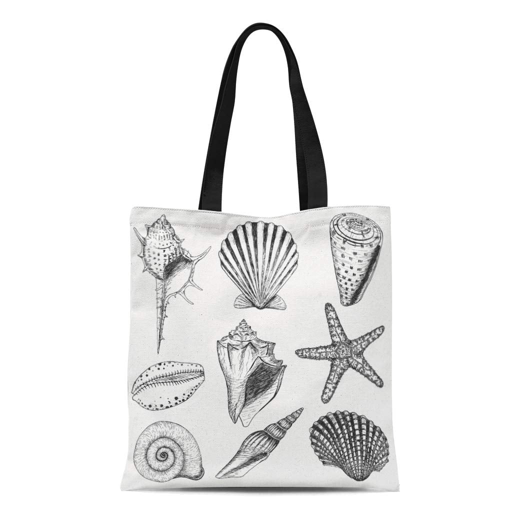 ASHLEIGH Canvas Bag Resuable Tote Grocery Shopping Bags Sea Shells ...