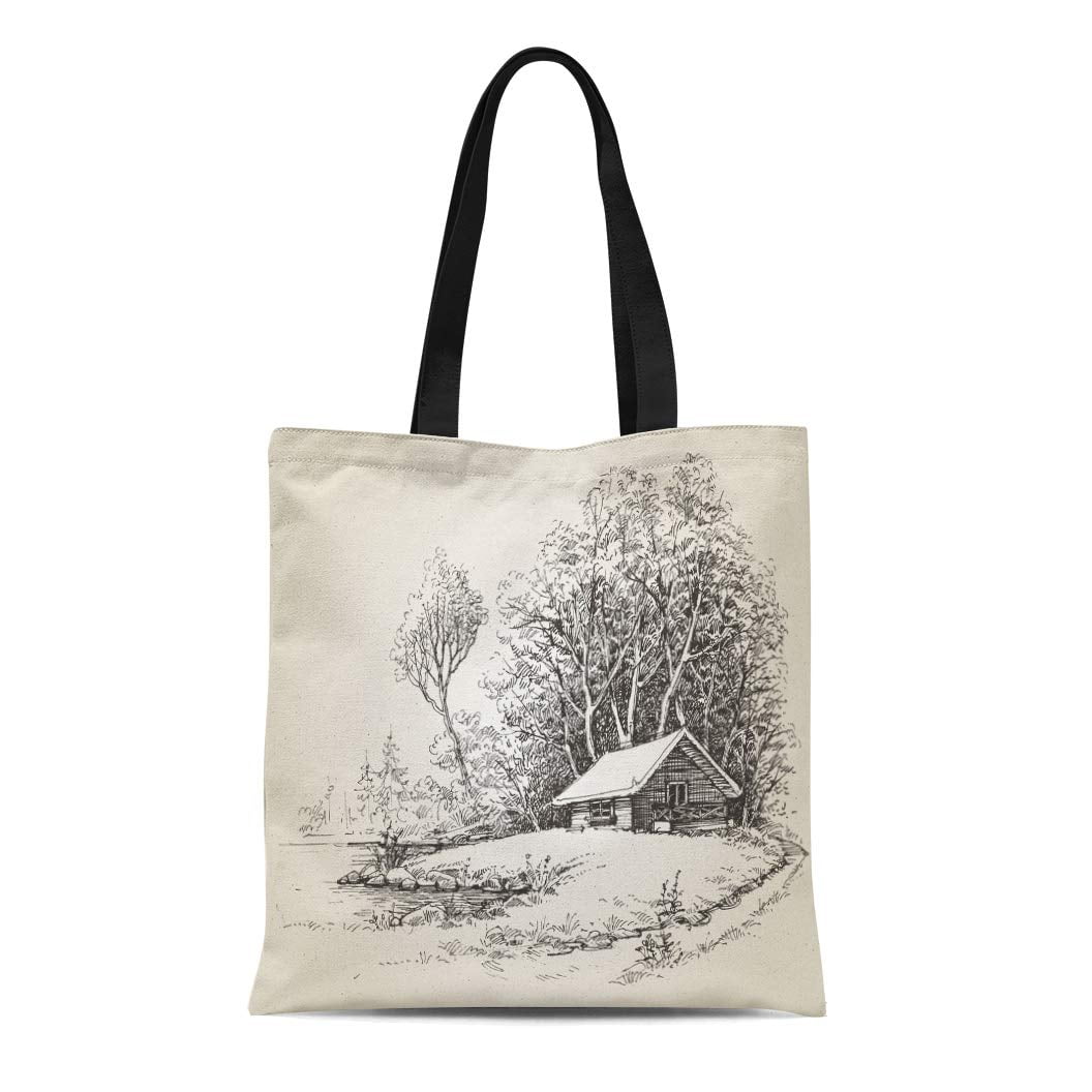 ASHLEIGH Canvas Bag Resuable Tote Grocery Shopping Bags Sketch Cabin in ...