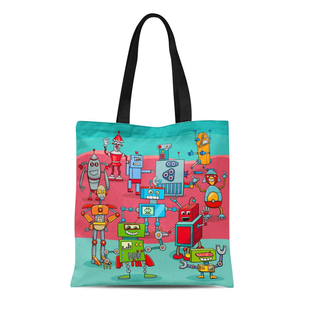 ASHLEIGH Canvas Tote Bag Artificial Cartoon of Funny Robots Science ...