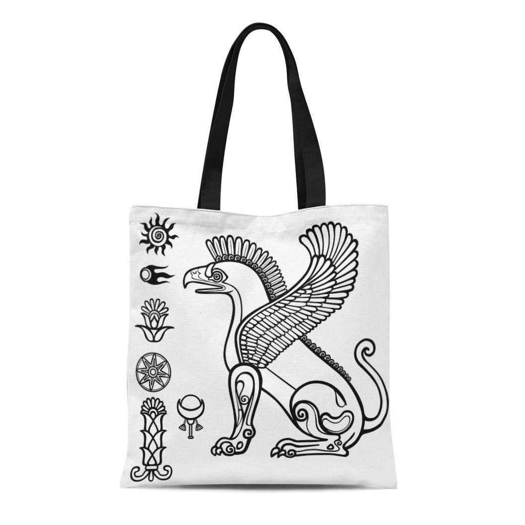 ASHLEIGH Canvas Tote Bag Assyrian Winged Horned Lion Character Sumerian ...