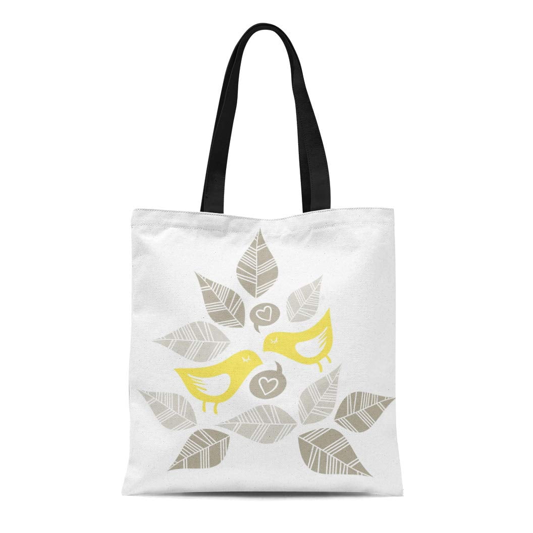 ASHLEIGH Canvas Tote Bag Beige Gray Leaves and Yellow Birds Singing of ...