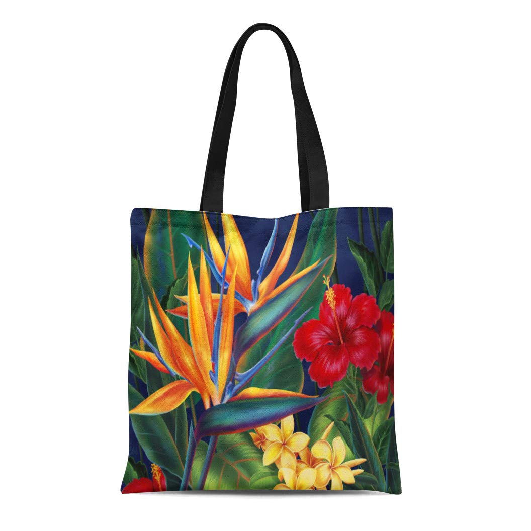 ASHLEIGH Canvas Tote Bag Bird Tropical Paradise Hawaiian Hawaii Hibiscus Plumeria Flowers Flora ...