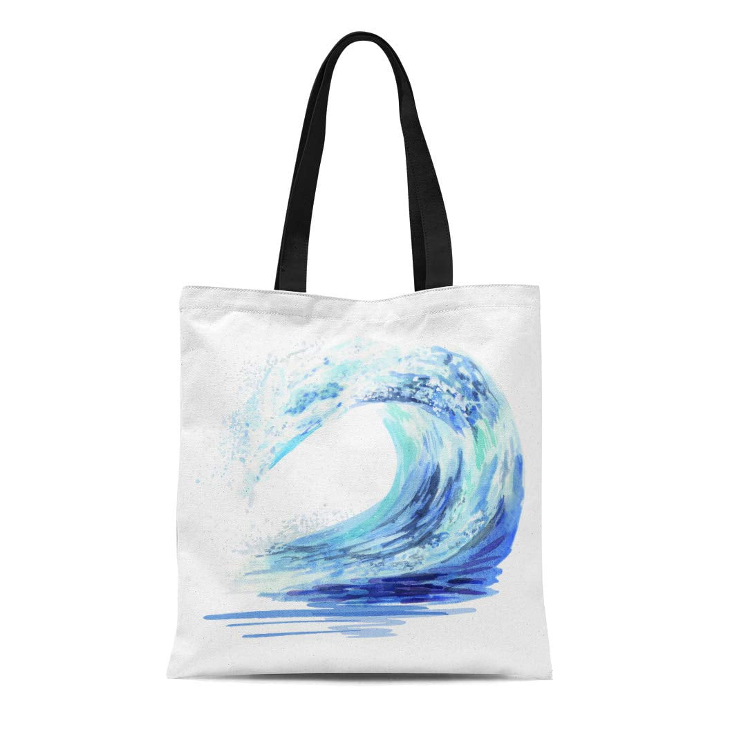 ASHLEIGH Canvas Tote Bag Blue Beach Watercolor Ocean Wave Sketch Surf ...