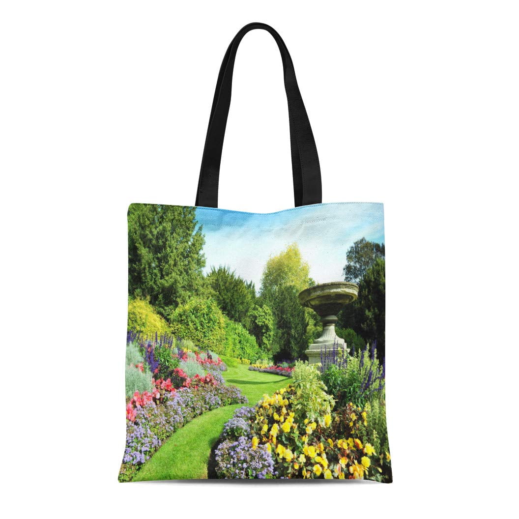 ASHLEIGH Canvas Tote Bag Blue Flowerbeds and Winding Pathway in English ...
