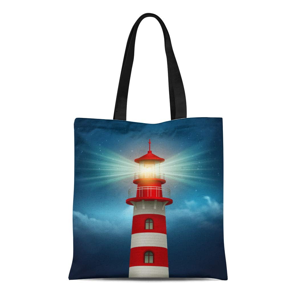 ASHLEIGH Canvas Tote Bag Blue Light Realistic Lighthouse in the Night Sky House Reusable ...