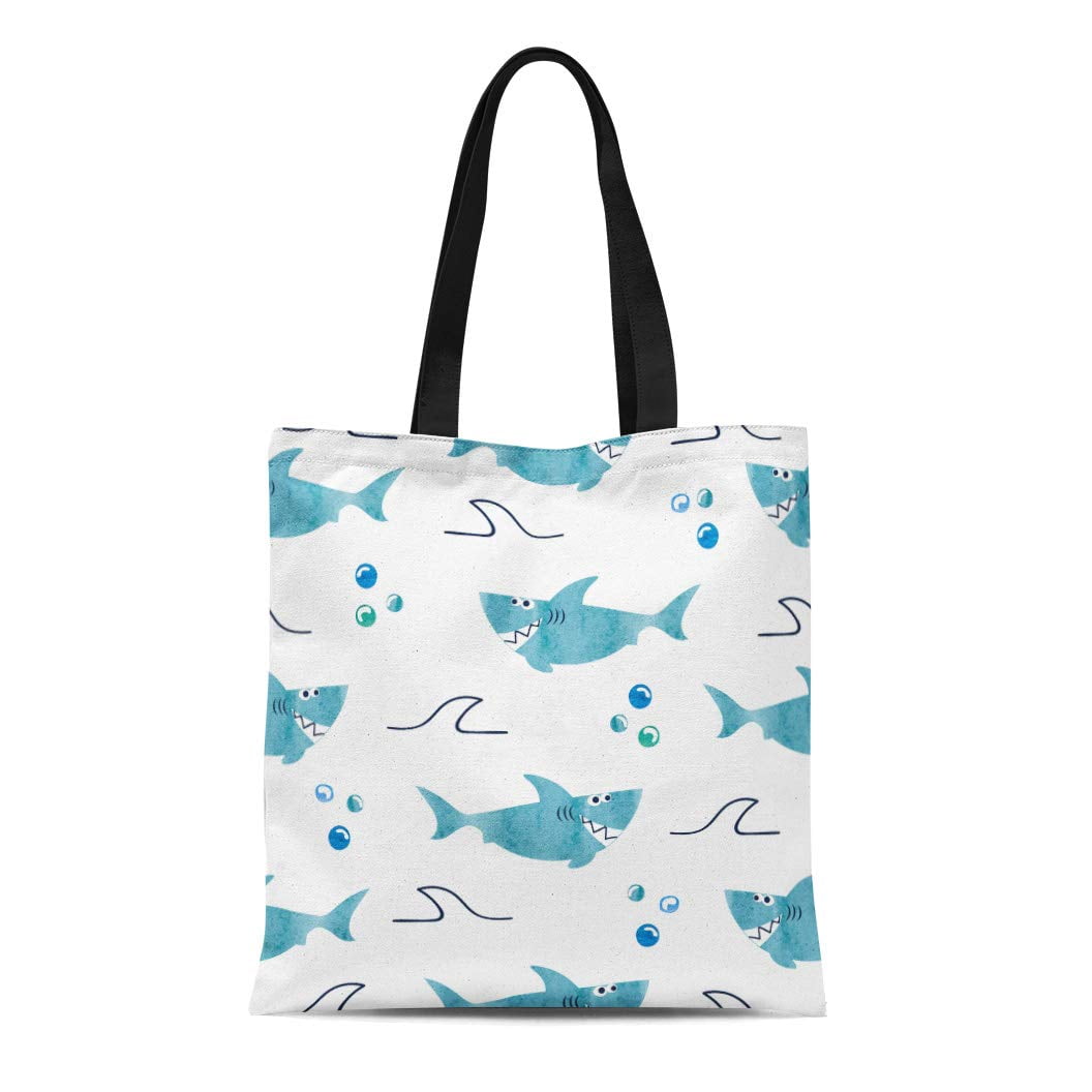 ASHLEIGH Canvas Tote Bag Blue Pattern Cute Cartoon Watercolor Sharks ...