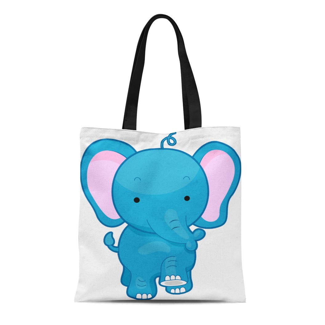 ASHLEIGH Canvas Tote Bag Blue of Walking Elephant Cute Cartoon Stomp ...