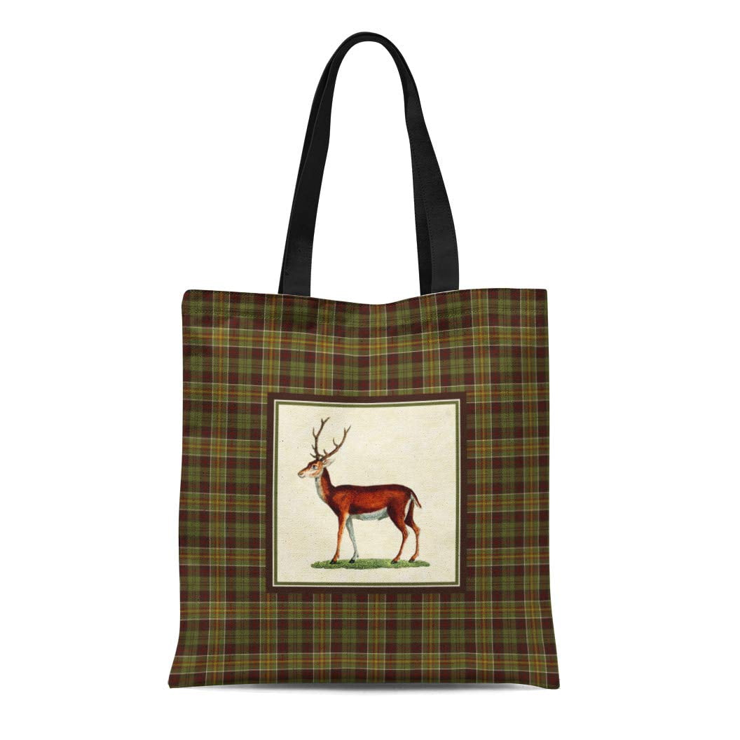 ASHLEIGH Canvas Tote Bag Brown Gold Vintage Buck Deer Rustic Moss Plaid ...