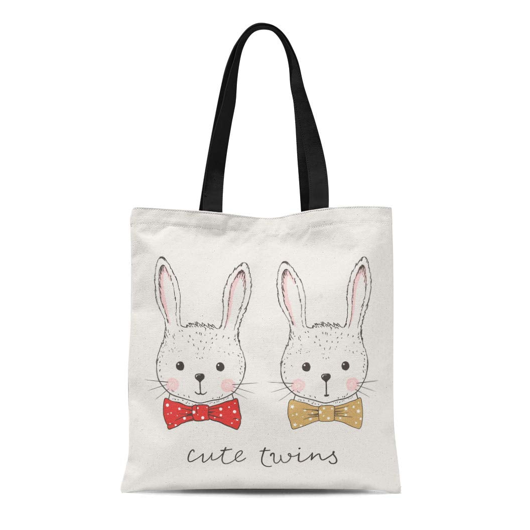 ASHLEIGH Canvas Tote Bag Cartoon Cute Twins Little Rabbits Birthday Bow ...