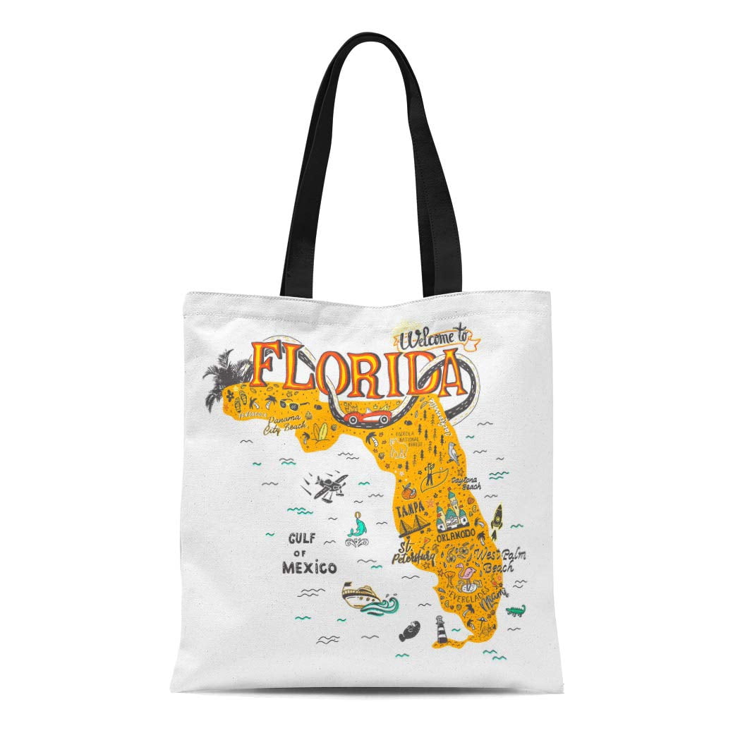 ASHLEIGH Canvas Tote Bag Cartoon of Florida Map Tourist Attractions ...