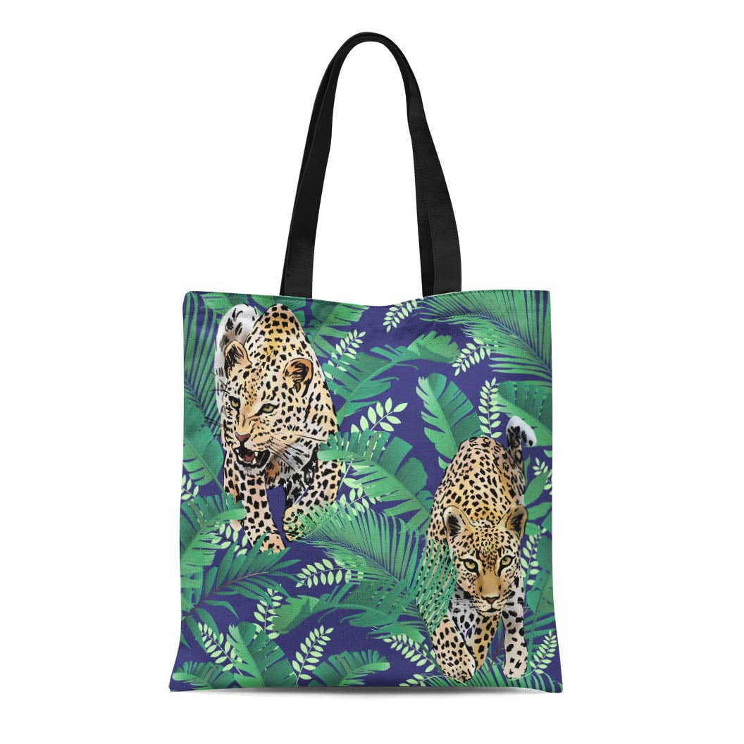 ASHLEIGH Canvas Bag Resuable Tote Grocery Shopping Bags Green Cheetah and Leopards Palm Leaves ...