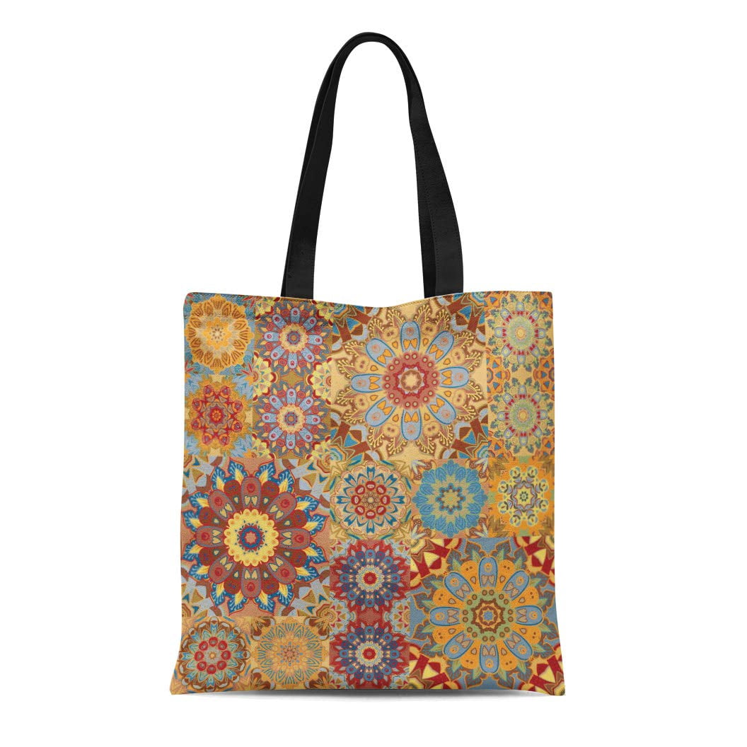 ASHLEIGH Canvas Tote Bag Colorful Boho and Brown Patchwork Unusual ...