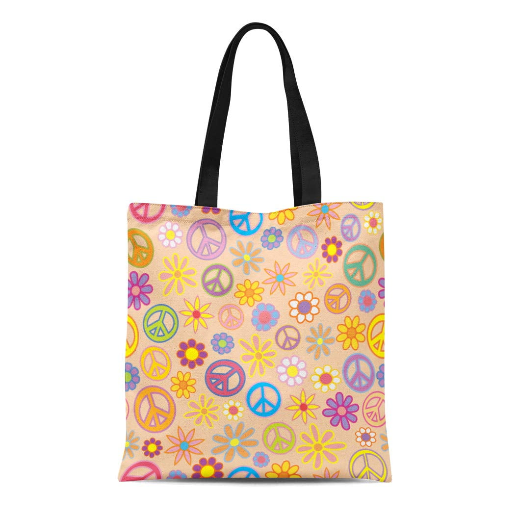 ASHLEIGH Canvas Tote Bag Colorful Power of Flowers and Peace Signs ...