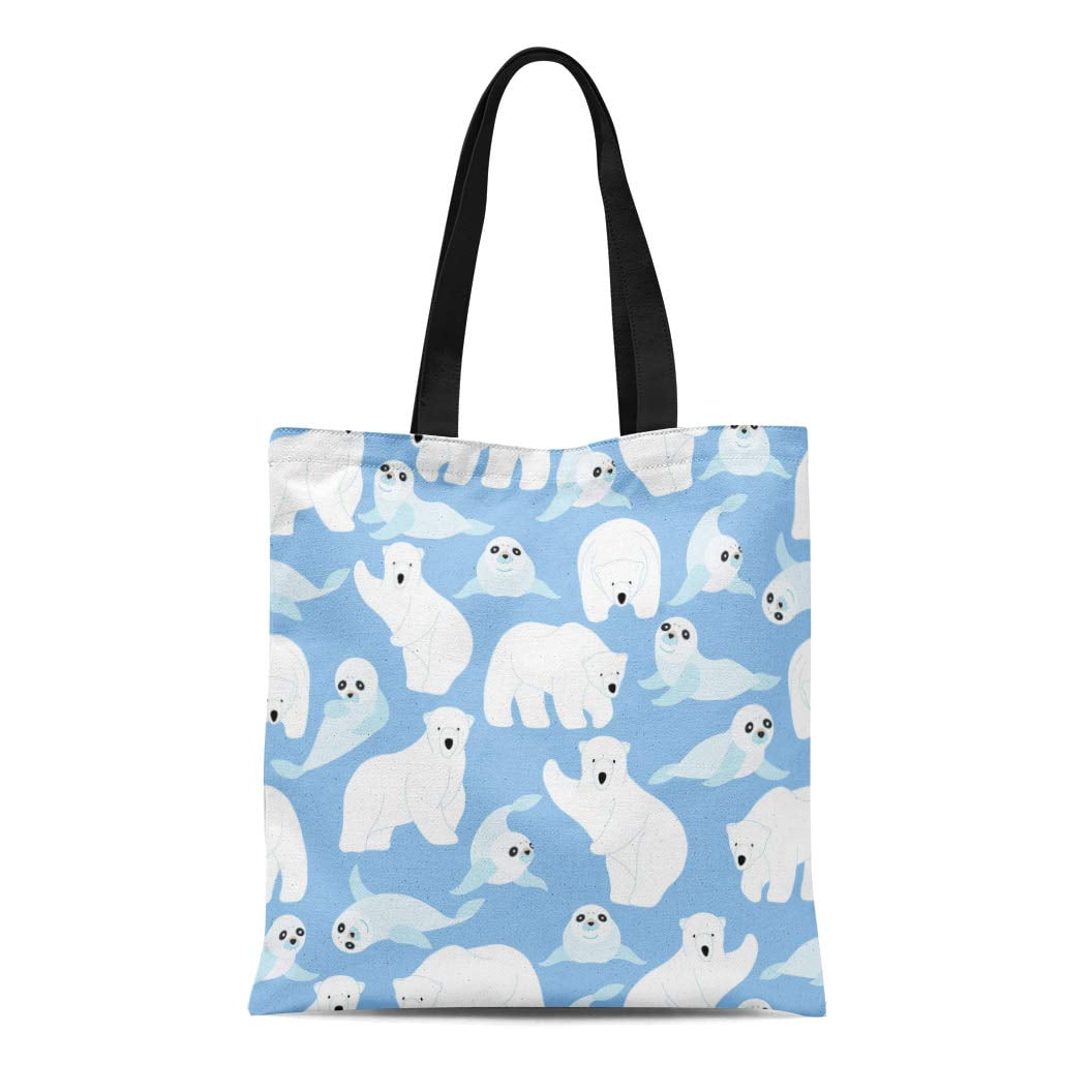ASHLEIGH Canvas Tote Bag Cute Baby Sea Lion and Polar Bear on Blue ...