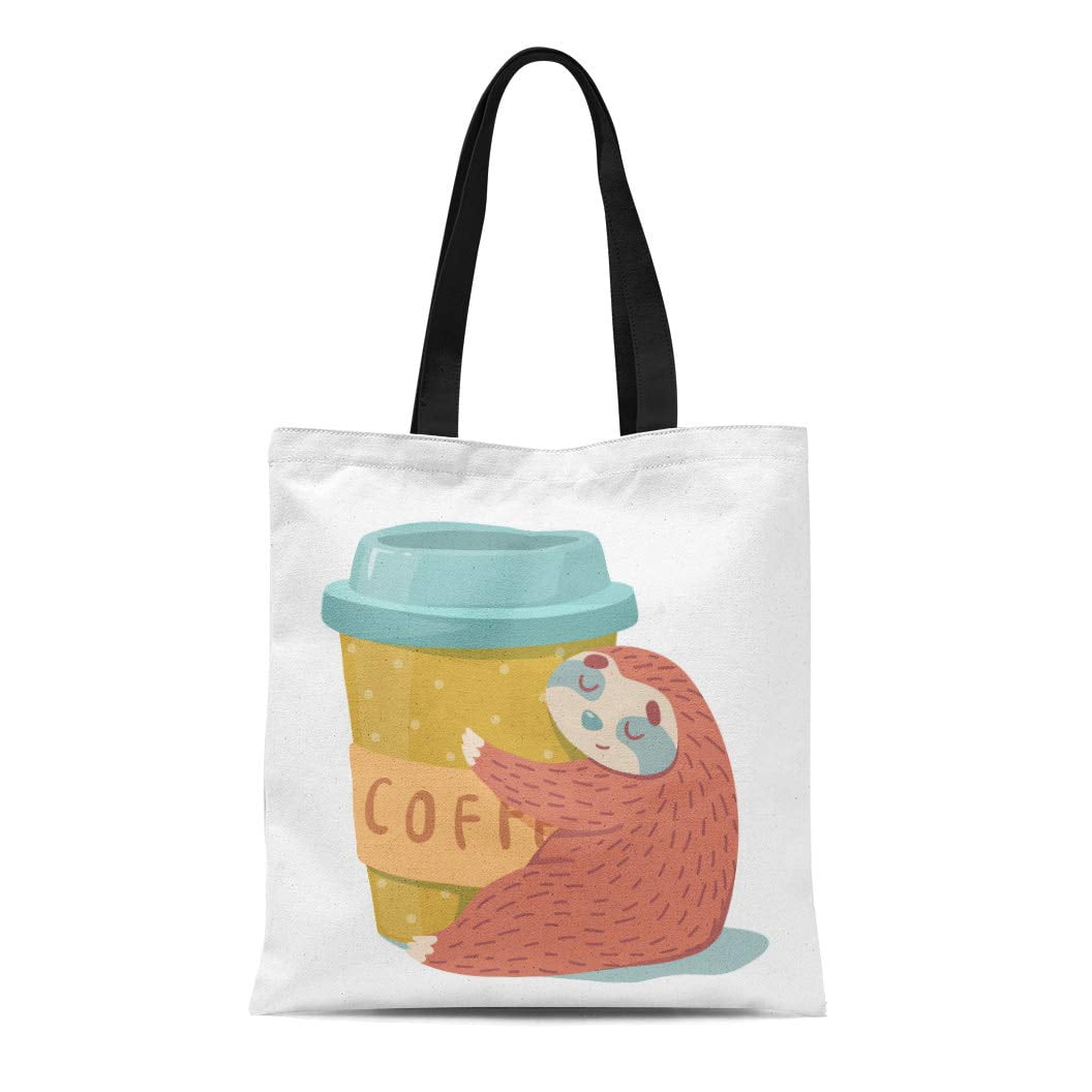 ASHLEIGH Canvas Tote Bag Cute Cartoon Sloth Hugs Cup of Cofee Colorful ...
