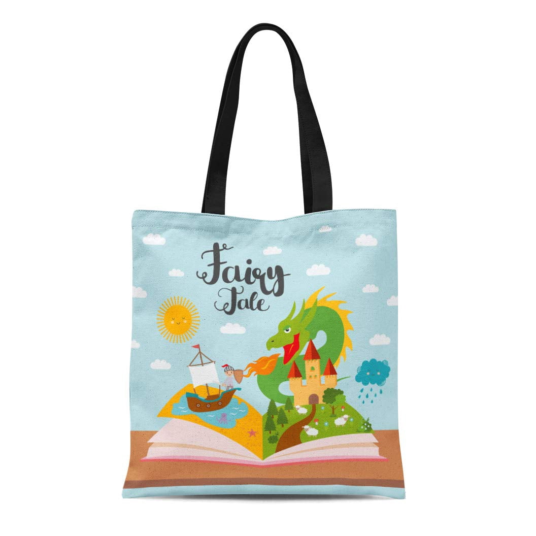 ASHLEIGH Canvas Tote Bag Fairy Tale Kids Evil Dragon Ship on Sea Dense ...