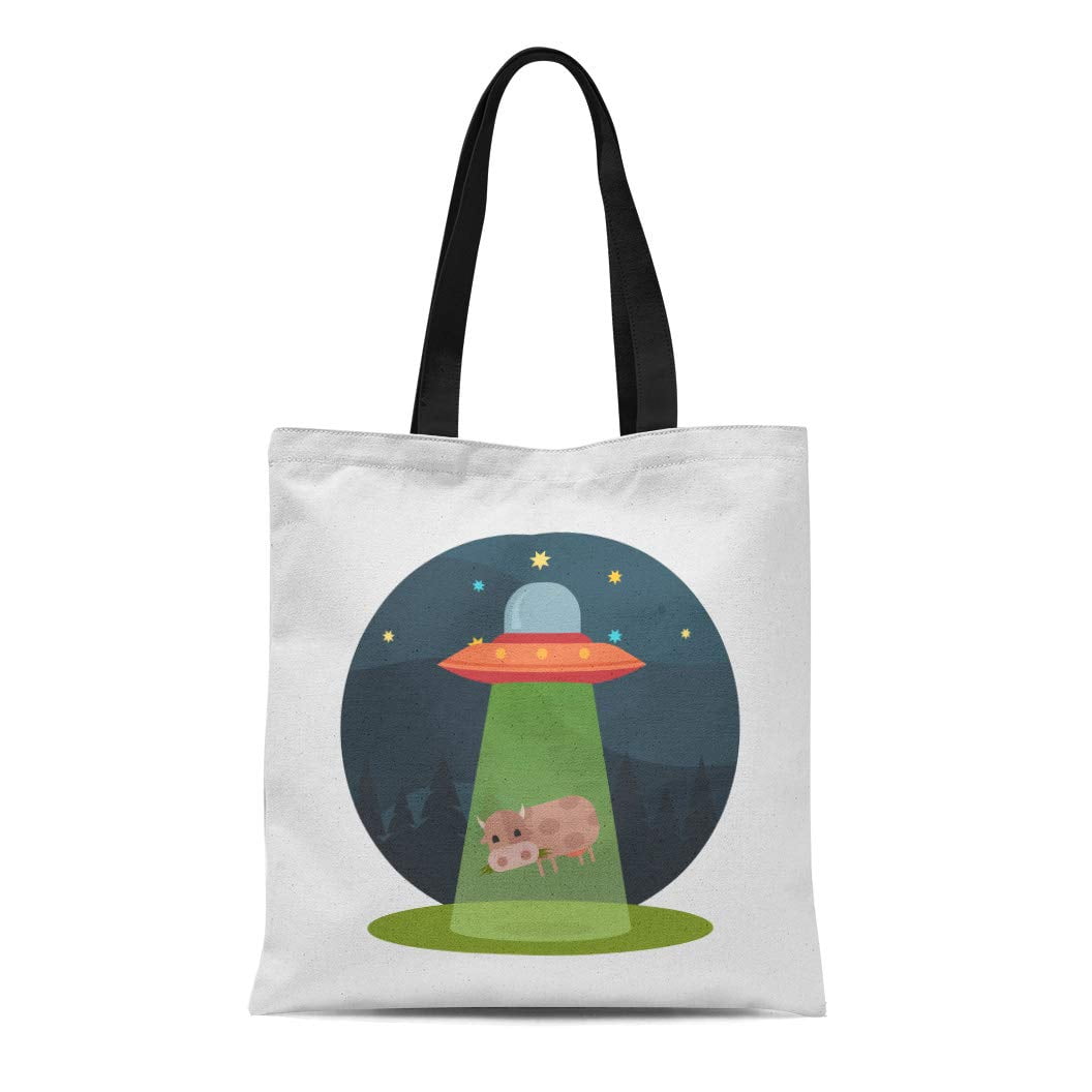 ASHLEIGH Canvas Tote Bag Flat Cartoon Ufo Cow Abduction Night Sky Alien ...