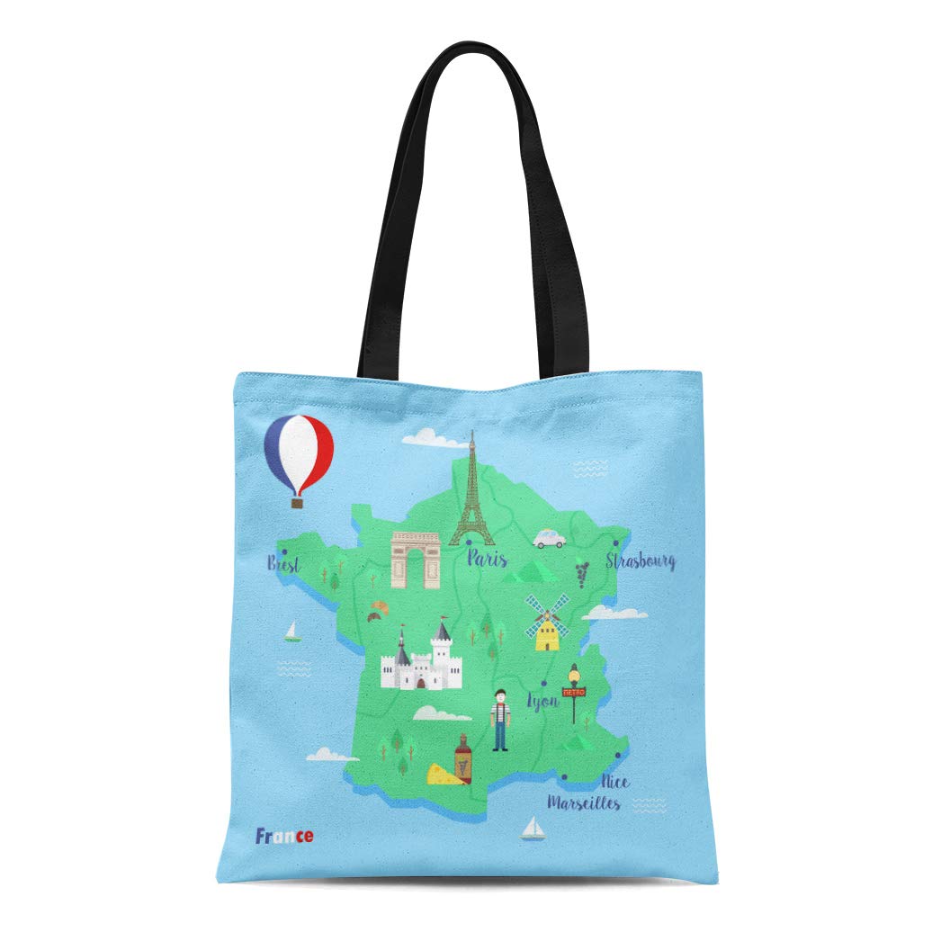 ASHLEIGH Canvas Tote Bag France Colorful Travel Maps Popular Landmarks ...