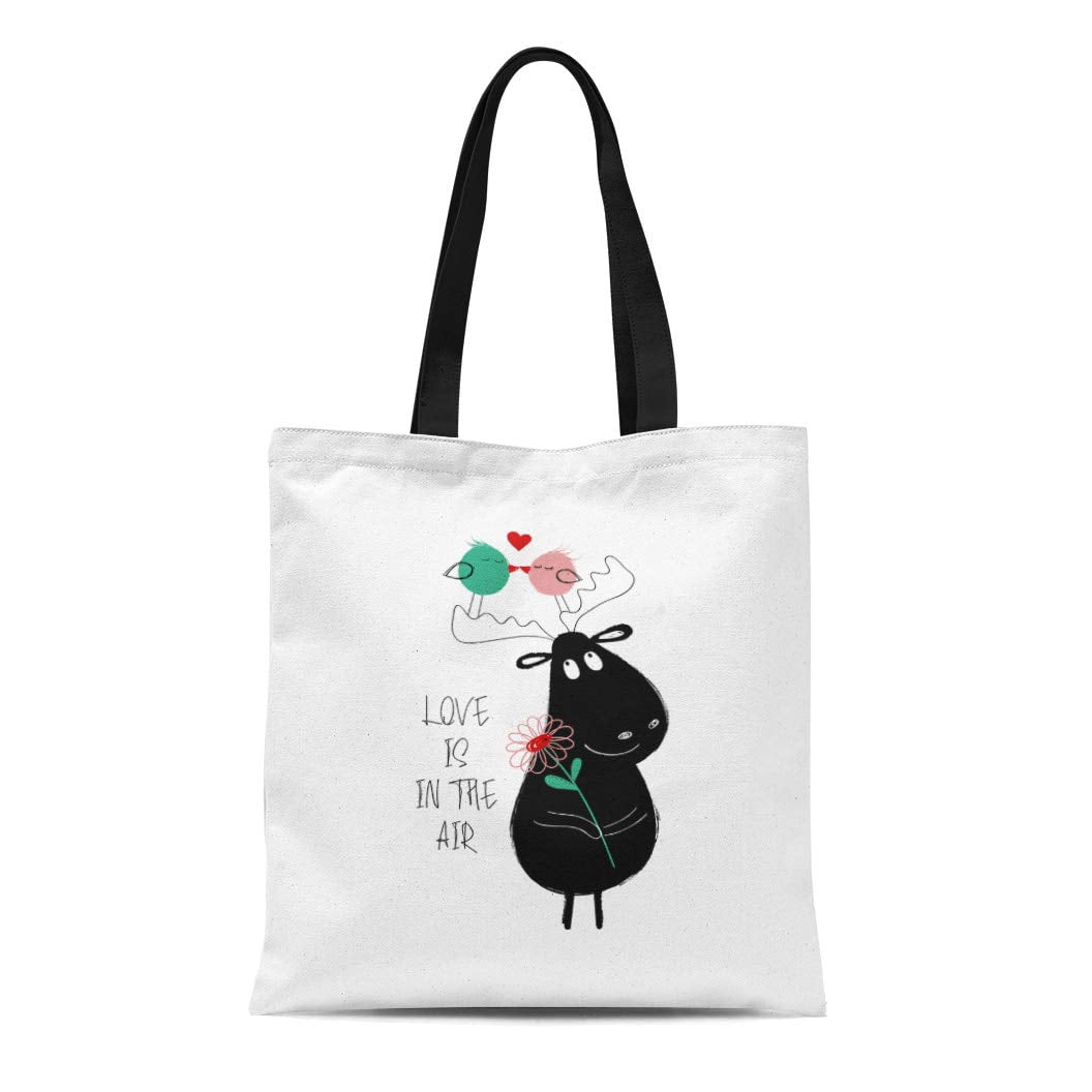ASHLEIGH Canvas Tote Bag Funny Couple of Kissing Birds and Black Moose ...