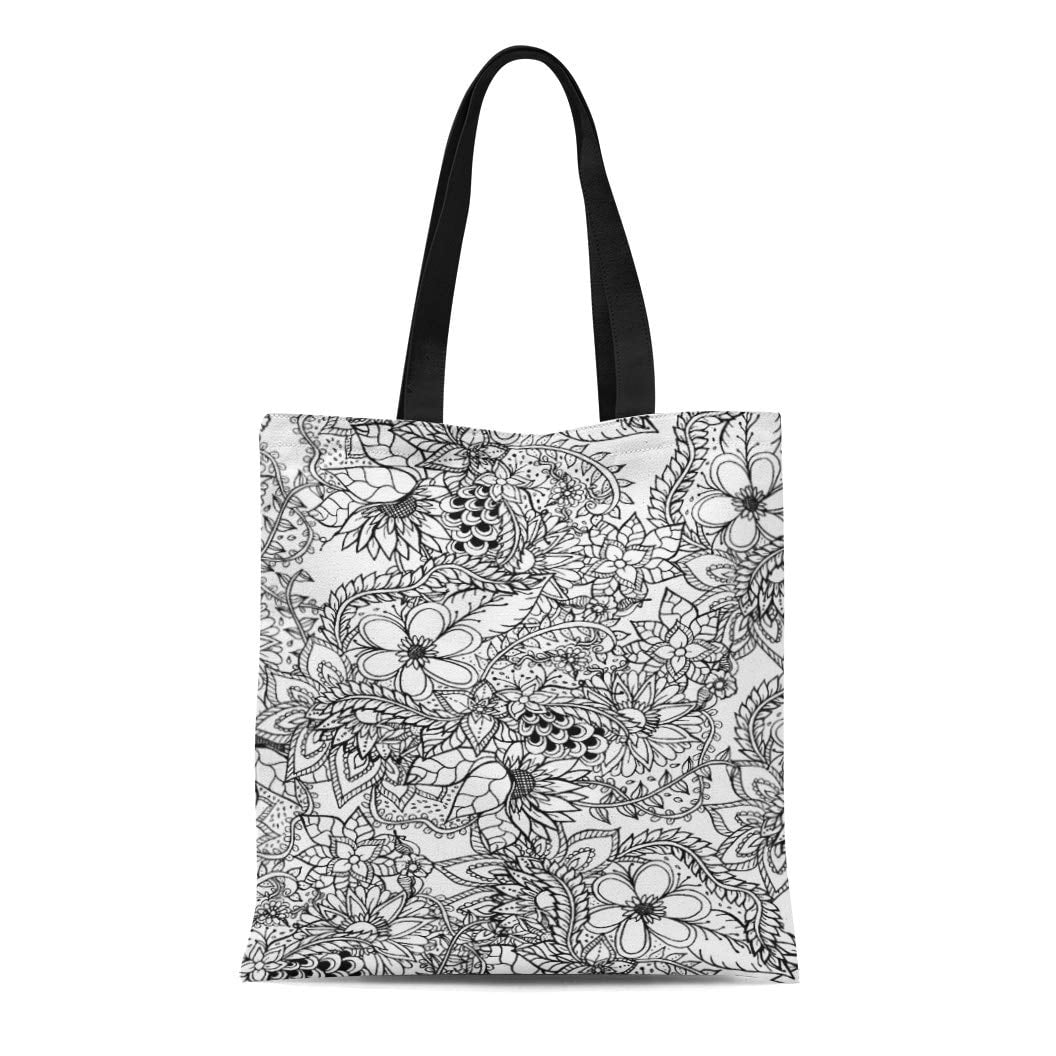 ASHLEIGH Canvas Tote Bag Girly Floral Botanical Coloring in Trend Black ...