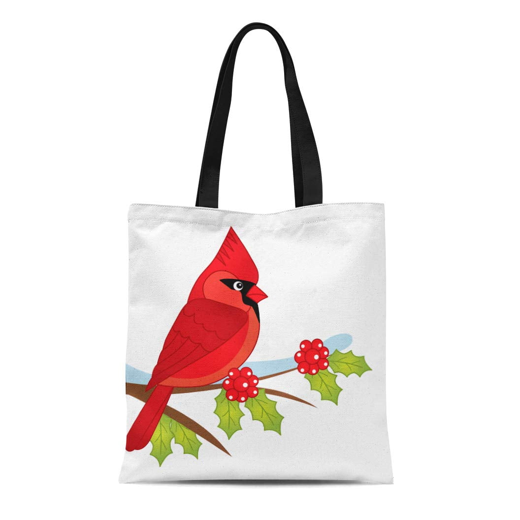 ASHLEIGH Canvas Tote Bag Green Berries Cartoon Cardinal Sitting on ...