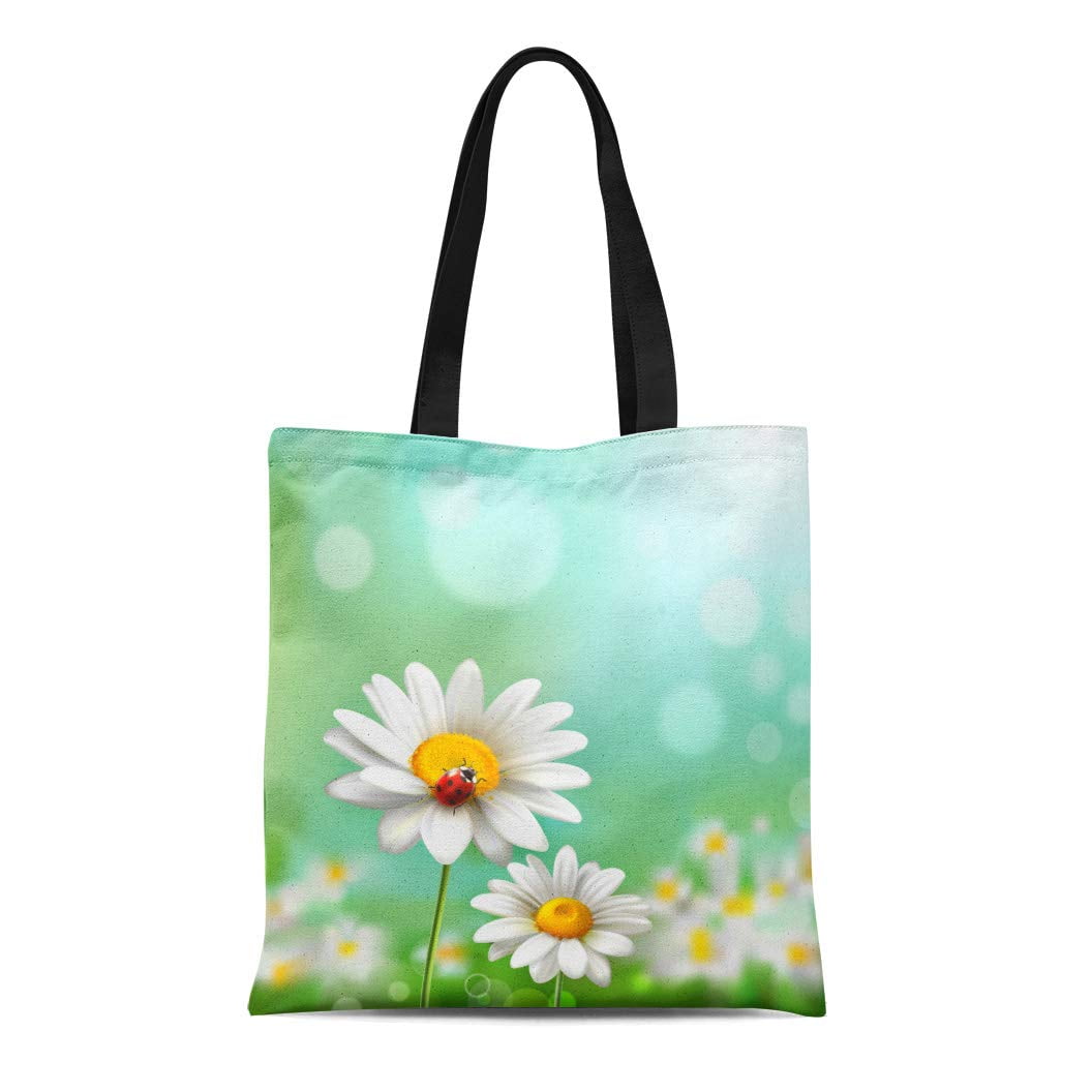 ASHLEIGH Canvas Tote Bag Green Summer Meadow Realistic Daisy Flower and ...
