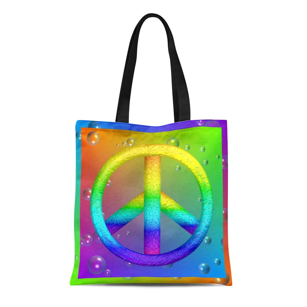 ASHLEIGH Canvas Tote Bag Hippie Peace Sign Woodstock Symbols Belief ...