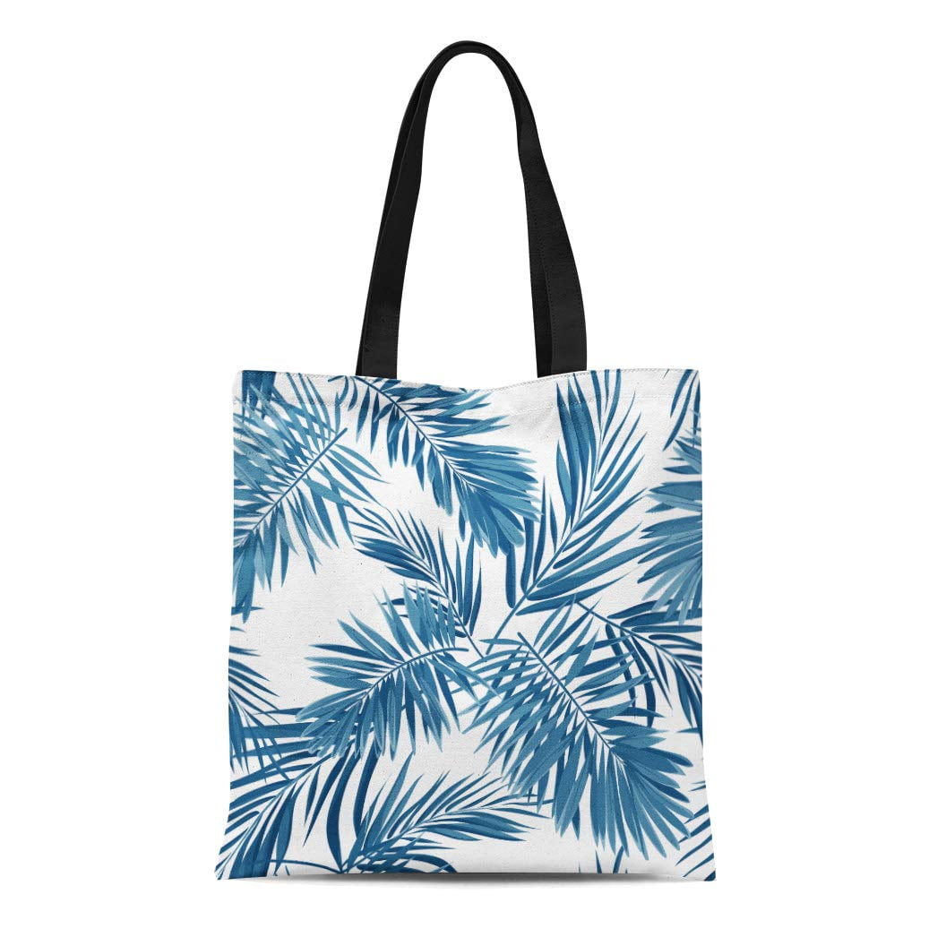 ASHLEIGH Canvas Tote Bag Indigo Blue Pattern Monstera Palm Leaves on ...