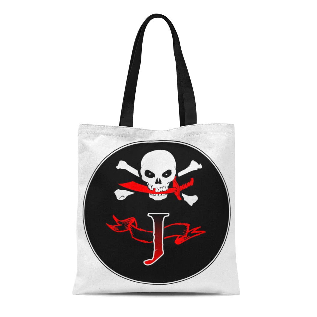 ASHLEIGH Canvas Tote Bag Initial Jolly Roger J Monogram Gu Skull Pirate ...