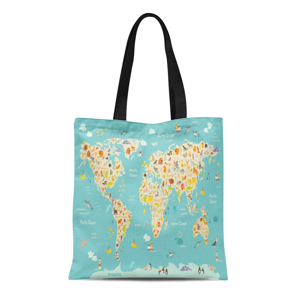 ASHLEIGH Canvas Tote Bag Map for Kid Continent of World Animated Child ...