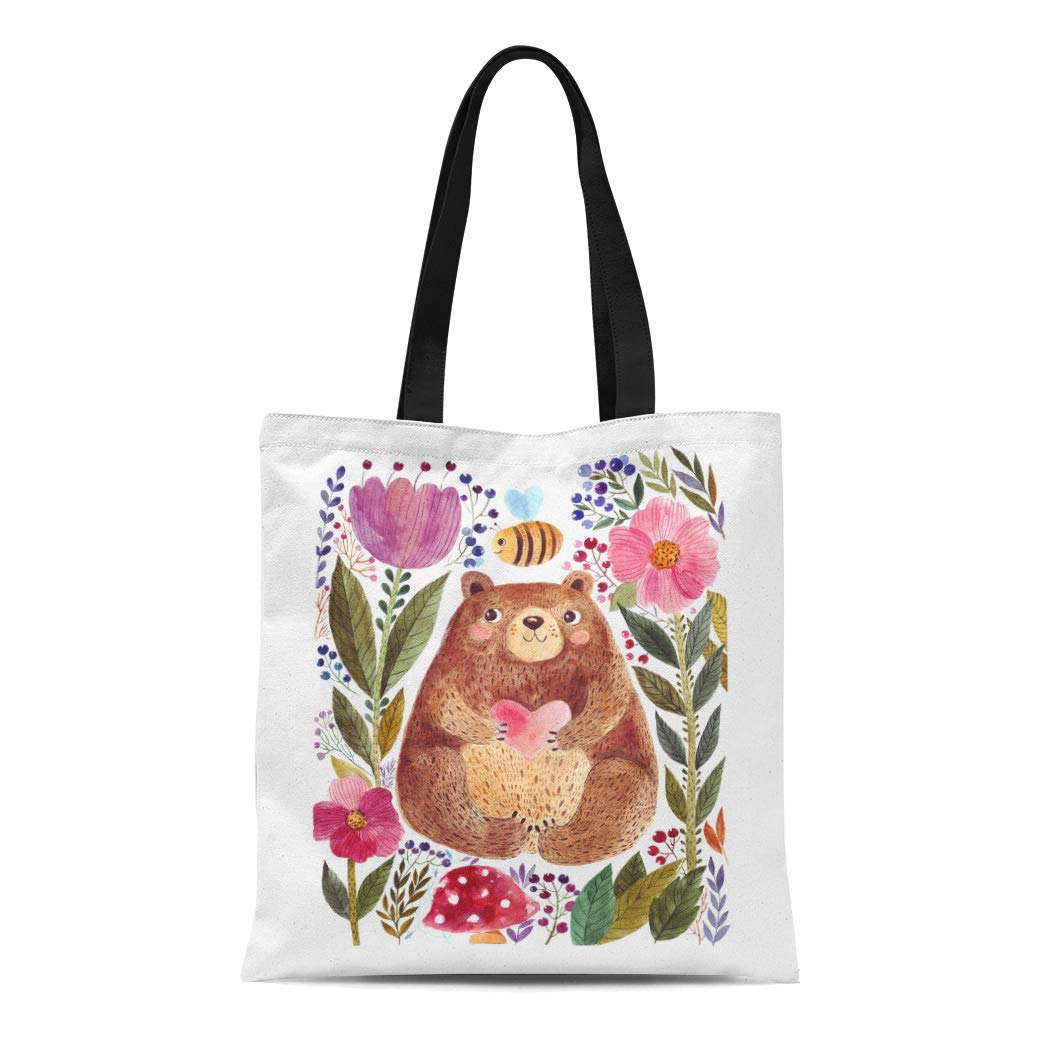 ASHLEIGH Canvas Tote Bag Painting Watercolor Cute Bear Wreath Baby Bee ...