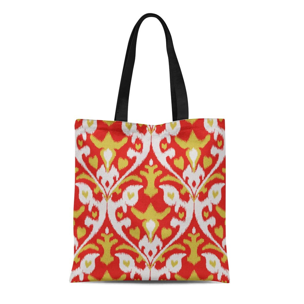 ASHLEIGH Canvas Tote Bag Pattern Modern Red Gold Beige Ikat Bold ...