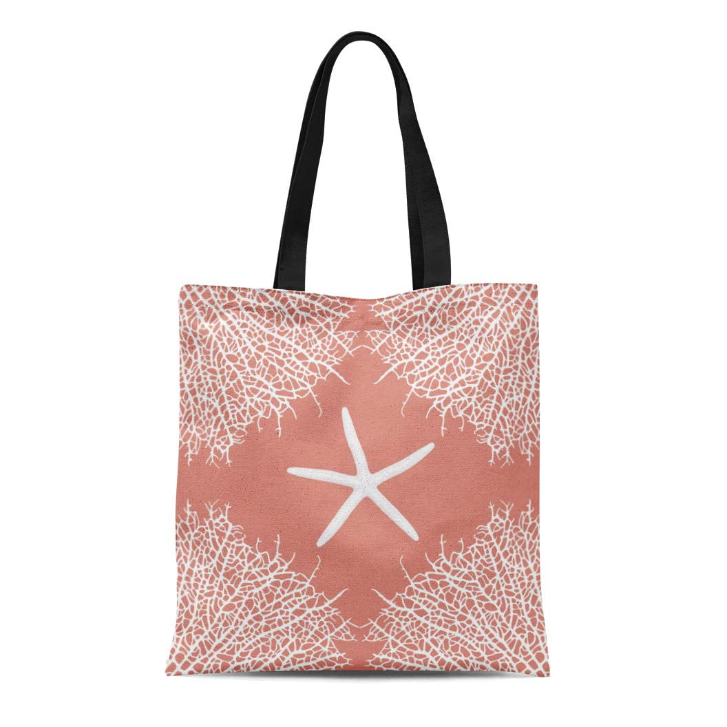 ASHLEIGH Canvas Tote Bag Pink Starfish Seastar and Coral White Nautical ...