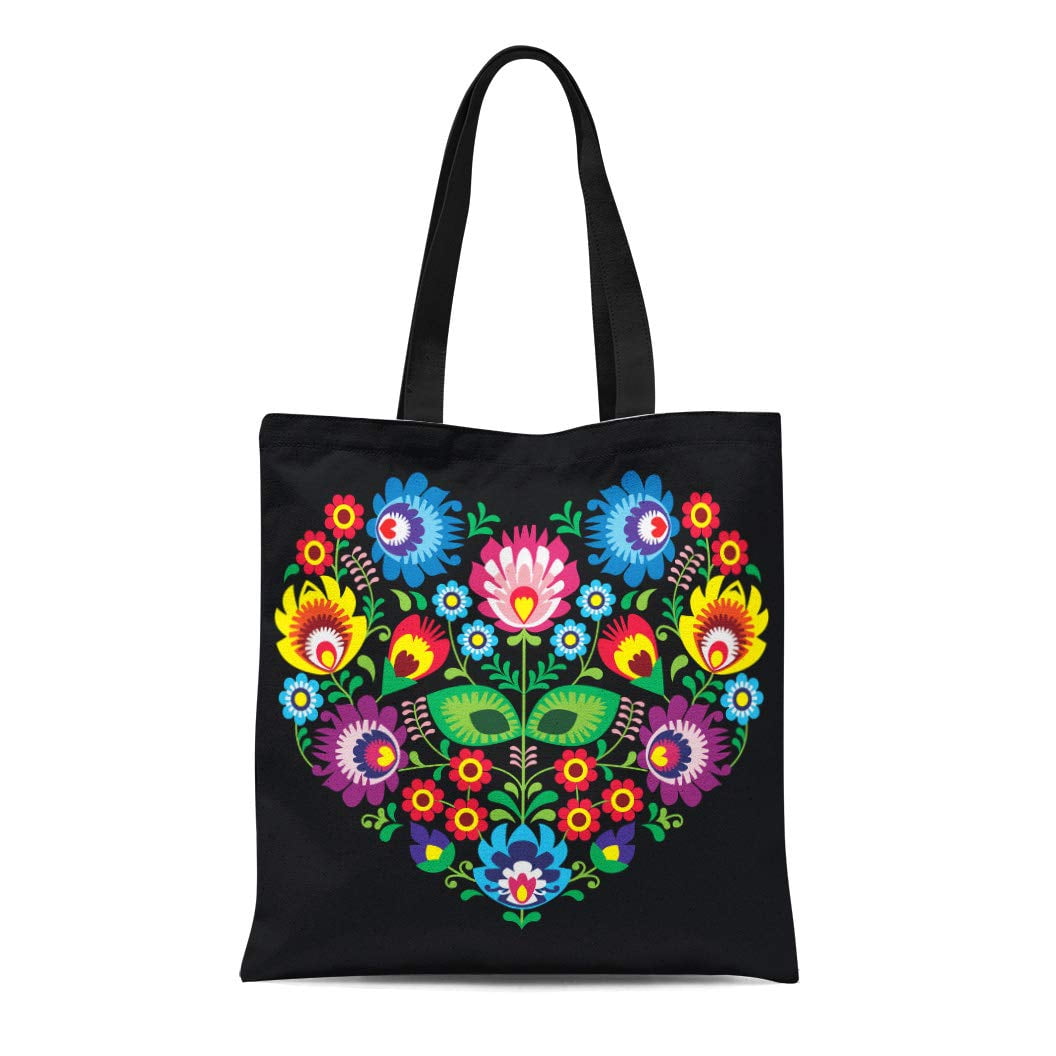 ASHLEIGH Canvas Tote Bag Polish Slavic Folk Heart Flowers on Black ...