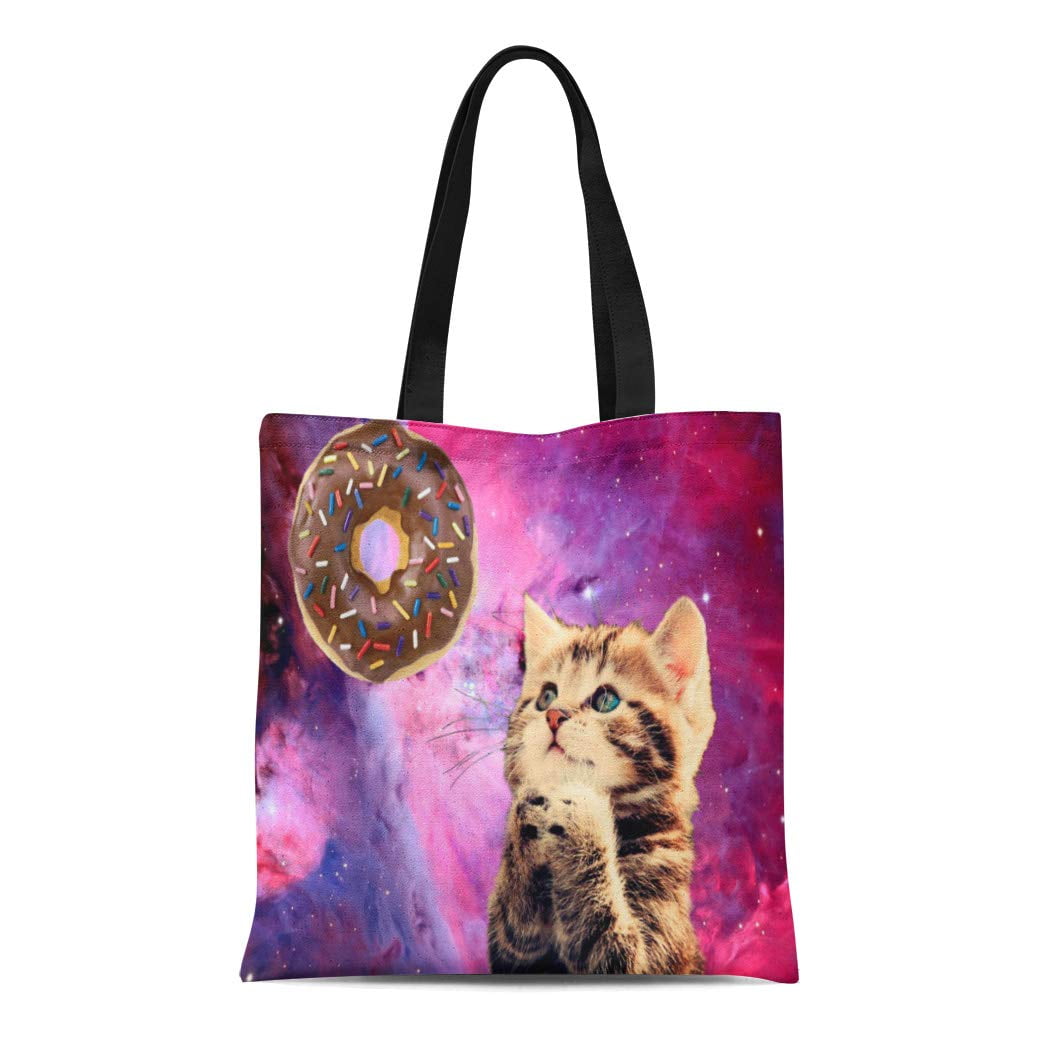 ASHLEIGH Canvas Tote Bag Purple Space Donut Praying Cat Funny Tabby ...